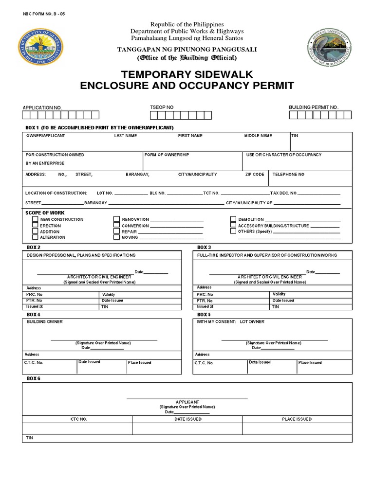 Temporary Sidewalk Enclosure and Occupancy Permit (Front) | PDF ...