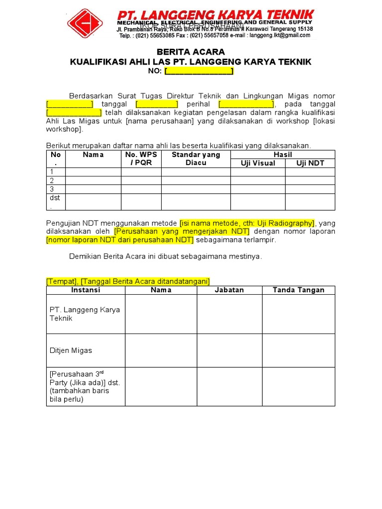 Konsep Berita Acara Kualifikasi Ahli Las Migas Pt. Langgeng Karya Teknik | PDF