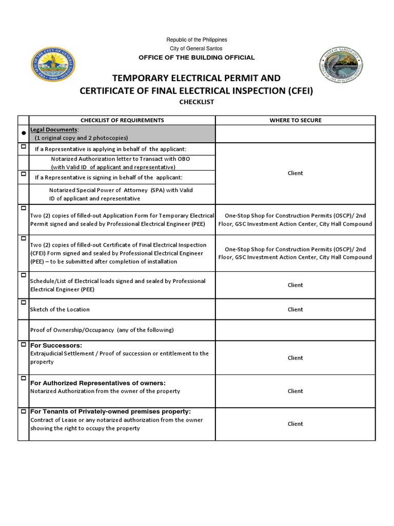 Checklist of Requirements for Obtaining a Temporary Electrical Permit ...
