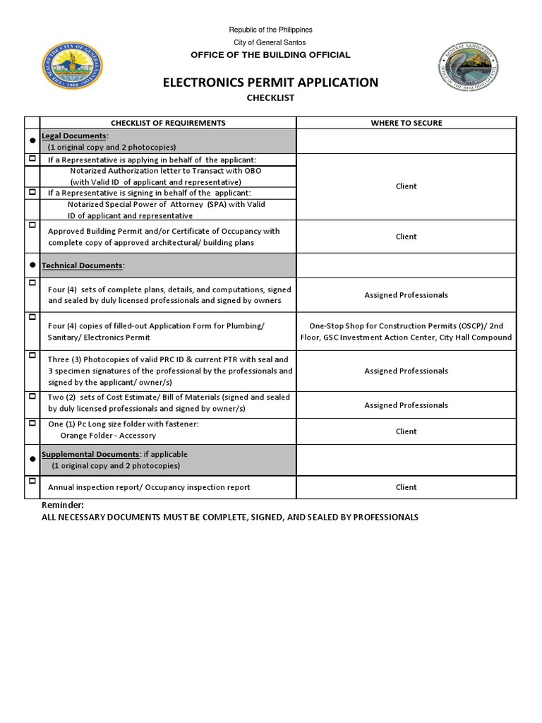 Electronics Permit Checklist | PDF | Notary Public | Licensing Agreement