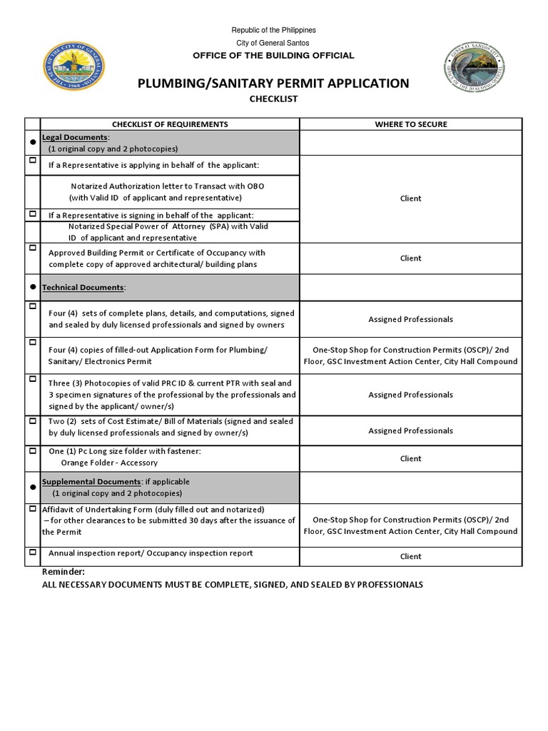 Plumbing Permit Application Checklist | PDF | Notary Public | Licensing ...