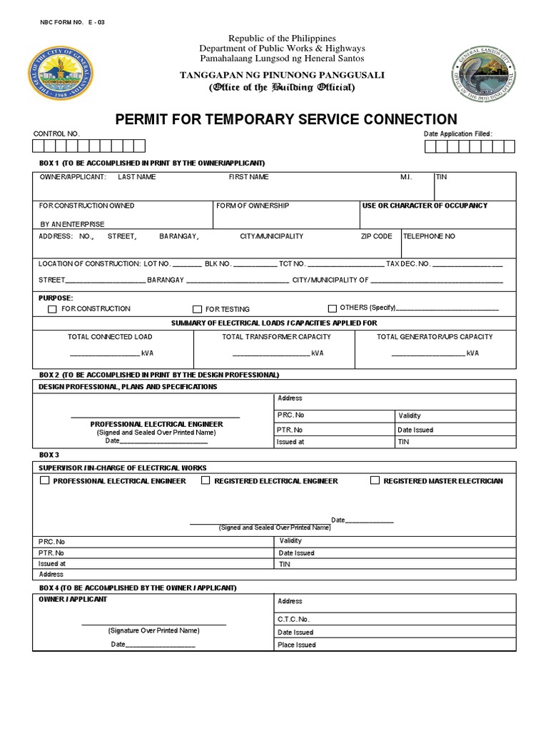Permit For Temporary Service Connection (Front) | PDF | Electrical ...