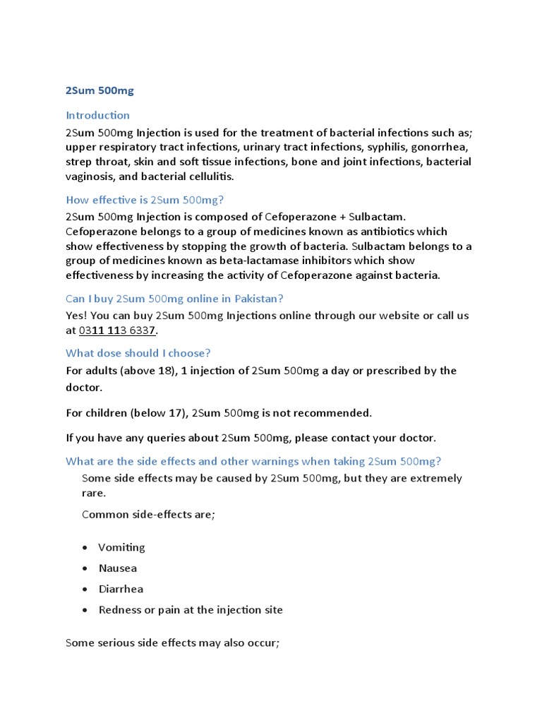 An Overview of 2Sum 500mg Injection Including Its Uses, Effectiveness ...