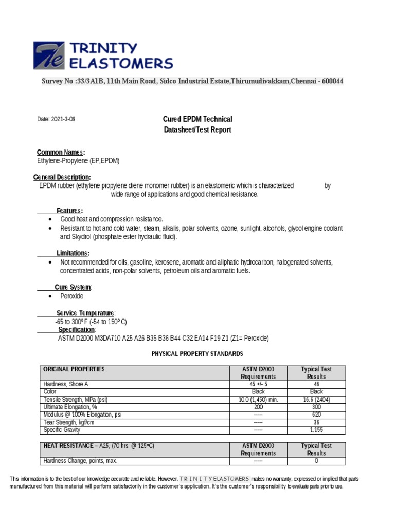 Cured EPDM Technical Datasheet/Test Report: Request a Quote | PDF ...