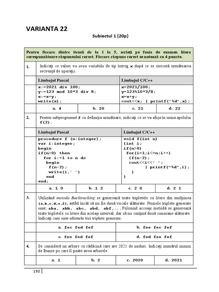 Varianta 22: Subiectul 1 (20p) | PDF
