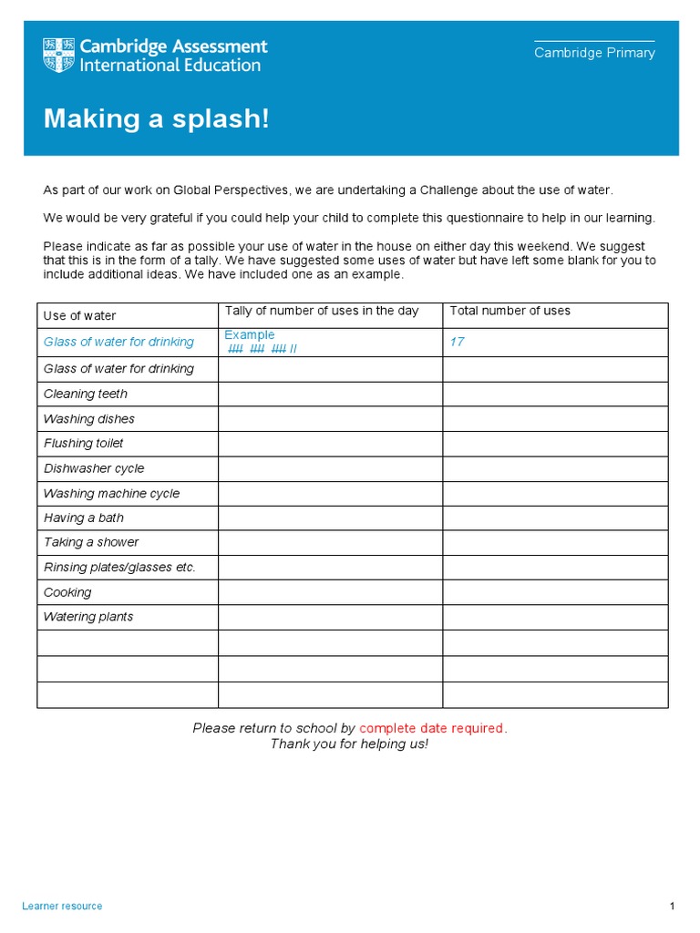 Water Use Questionnaire for Learners | PDF