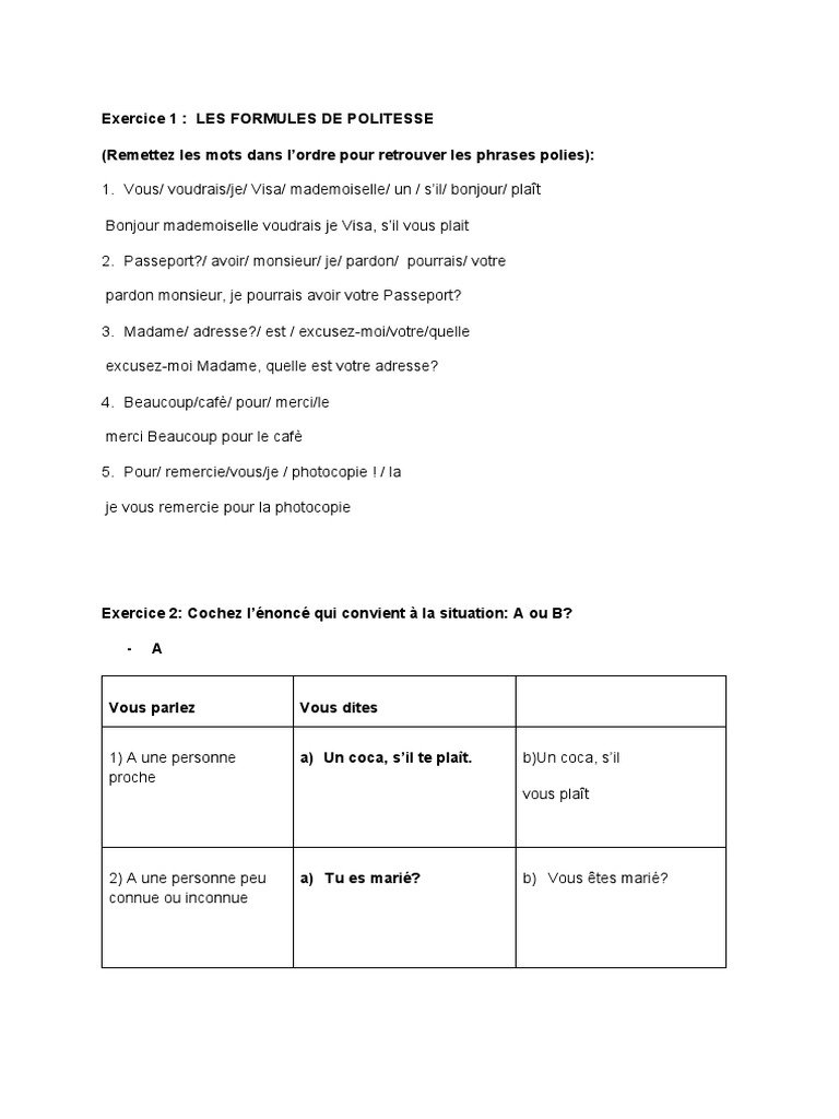 Exercice sur les formules de politesse | PDF