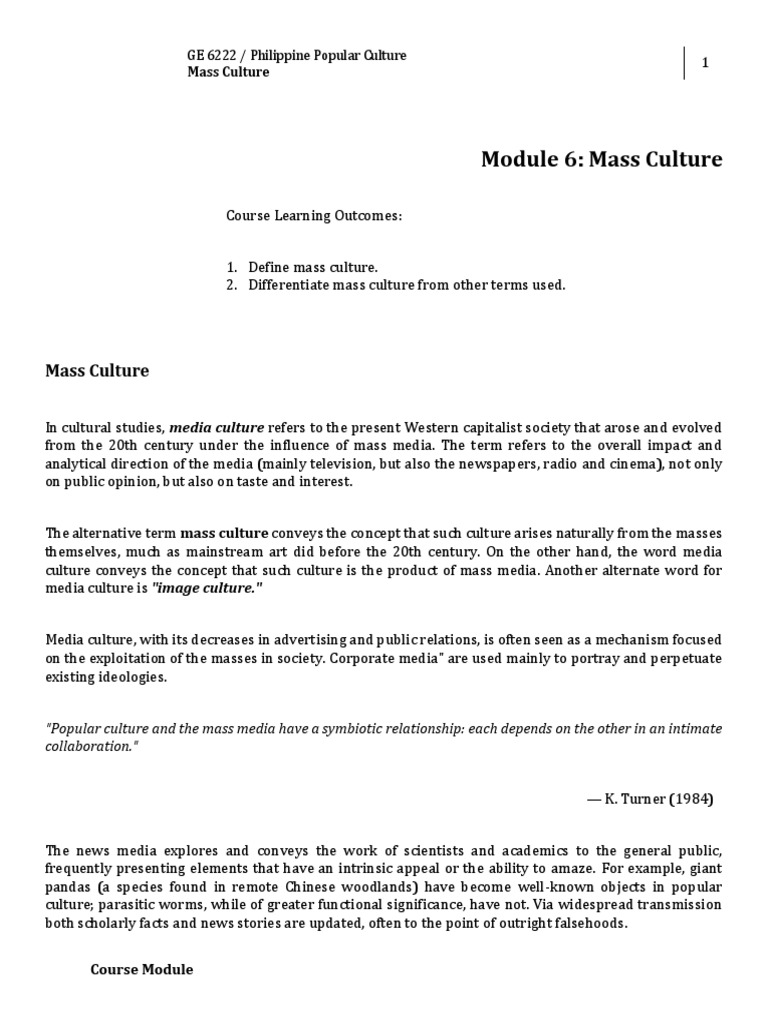 W3-4 Module 006 - Mass Culture | PDF | Public Sphere | Mass Media