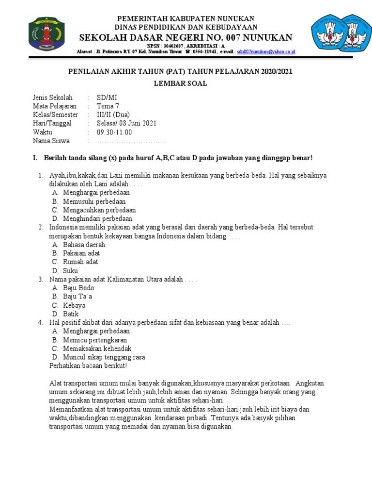 Soal Pas Tema 7 Kelas 3 | PDF