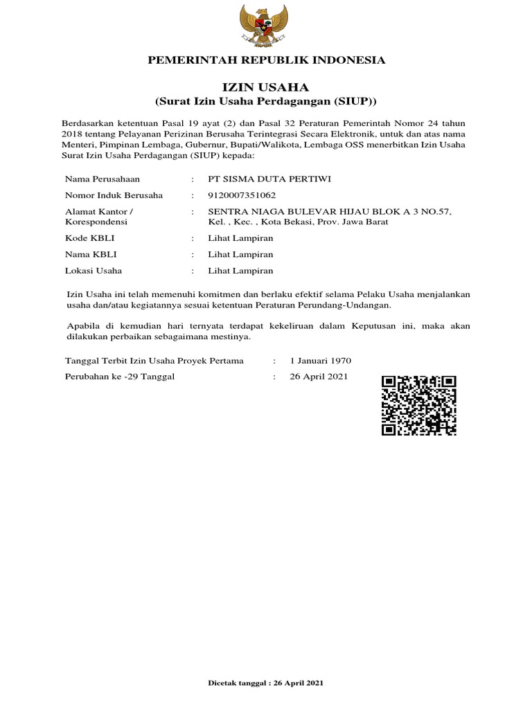 Izin Usaha Siup-9120007351062 | PDF