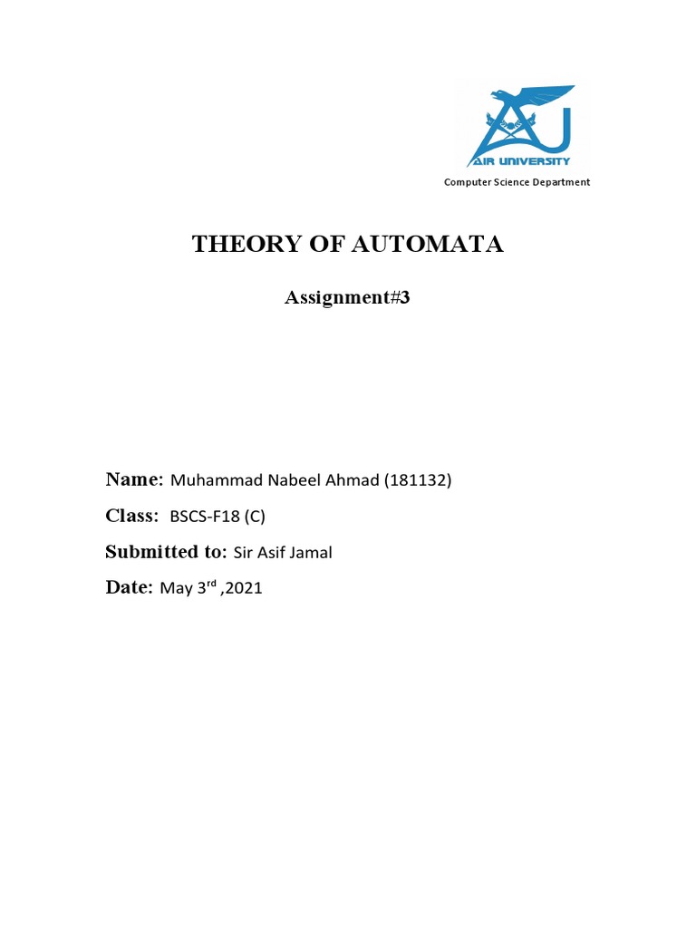 Theory of Automata: Assignment#3 | PDF | Teaching Methods & Materials ...