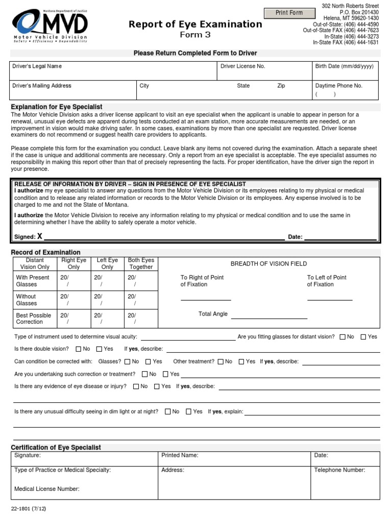 Report of Eye Examination: Form 3 | PDF | Driver's License | Visual ...