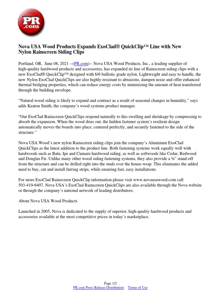 Nova USA Wood Products Expands ExoClad® QuickClip™ Line With New Nylon ...