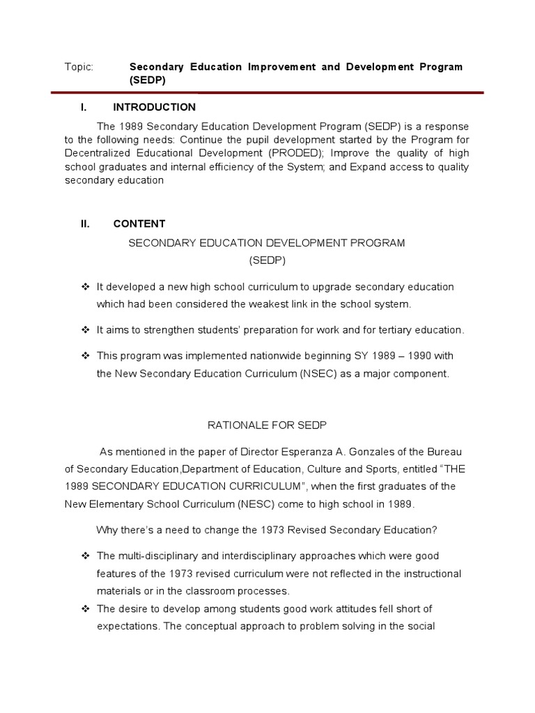 Secondary Education Improvement and Development Program (SEDP) I | PDF | Curriculum | Secondary ...