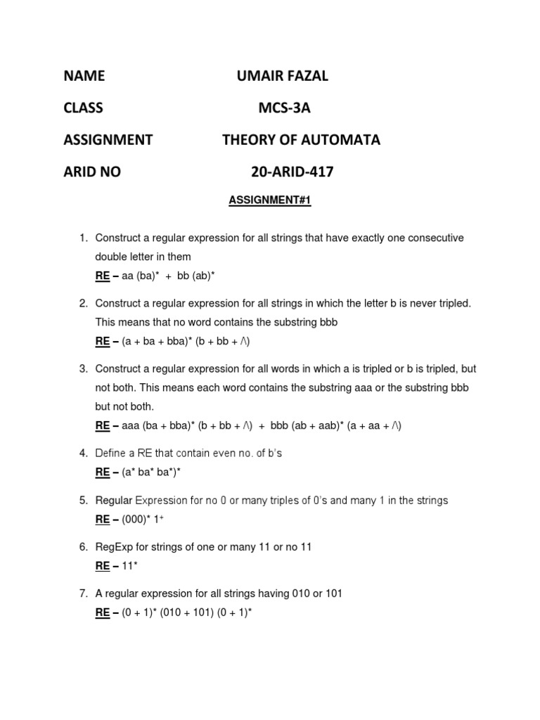 Name Umair Fazal Class MCS-3A Assignment Theory of Automata Arid No 20-ARID-417 | PDF | Regular ...