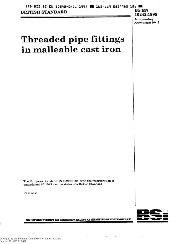 BS en 10242-1995 Threaded Pipe Fittings in Malleable Cast Iron | PDF