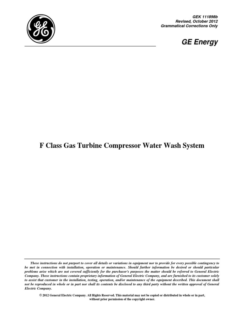 F Class Gas Turbine Compressor Water Wash System | PDF | Gas Turbine ...