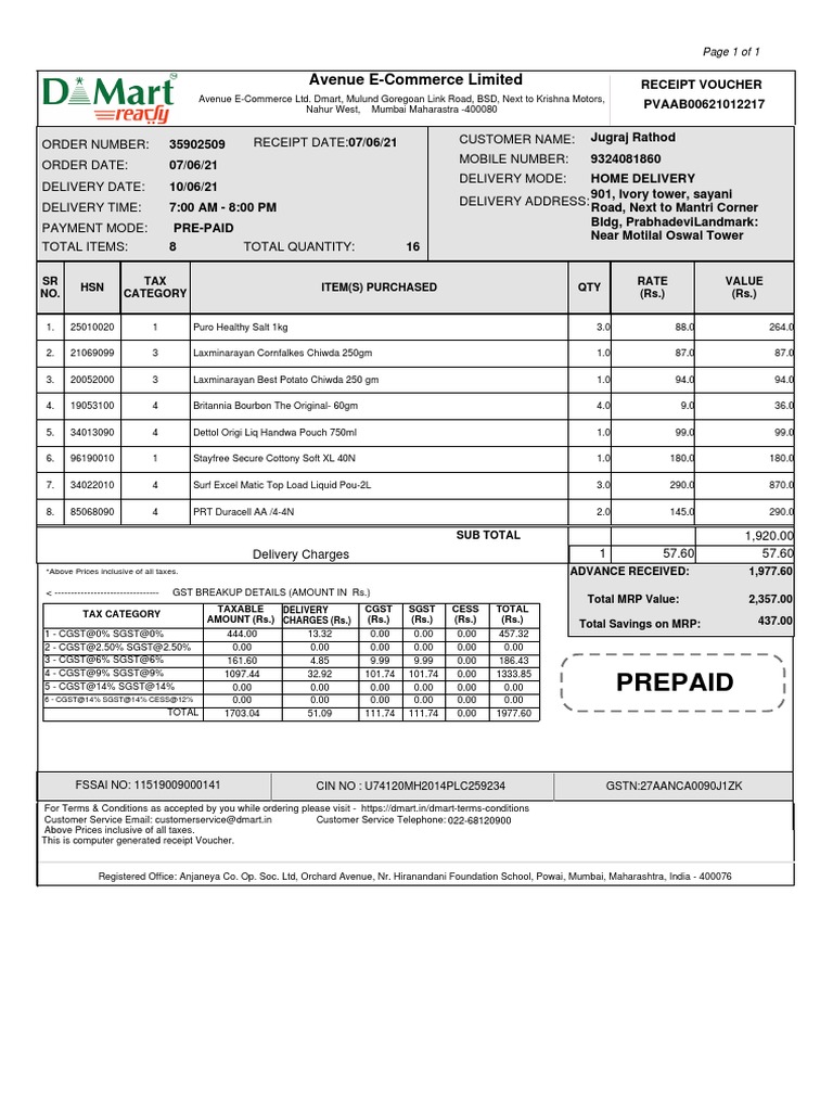 Prepaid: Avenue E-Commerce Limited | PDF | Trade | Taxation