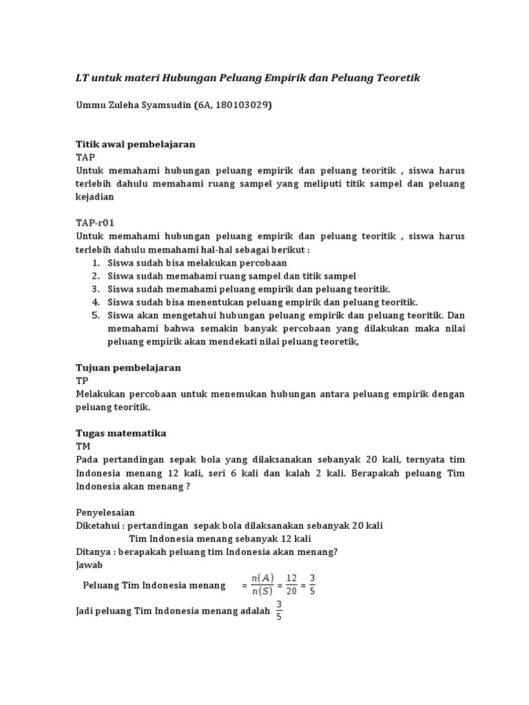 LT Untuk Materi Hubungan Peluang Empirik Dan Peluang Teoretik | PDF