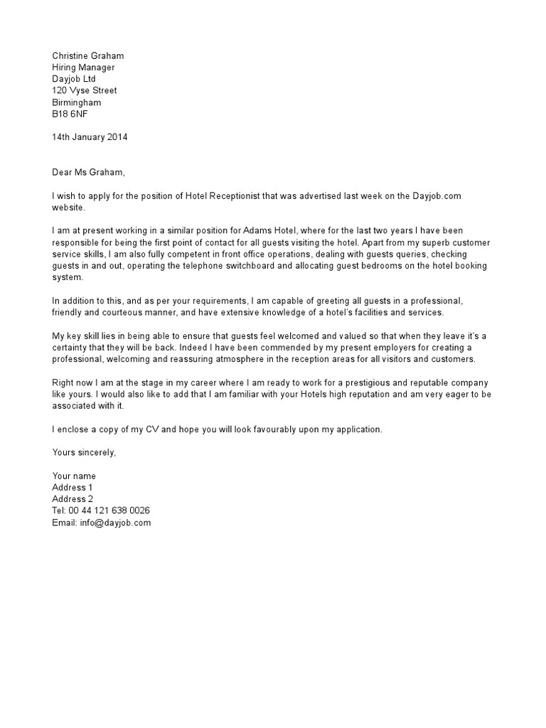 Hotel Receptionist Job Application Letter | PDF