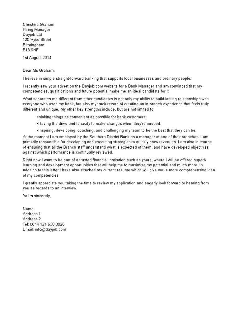 Bank Manager Job Application Letter | PDF