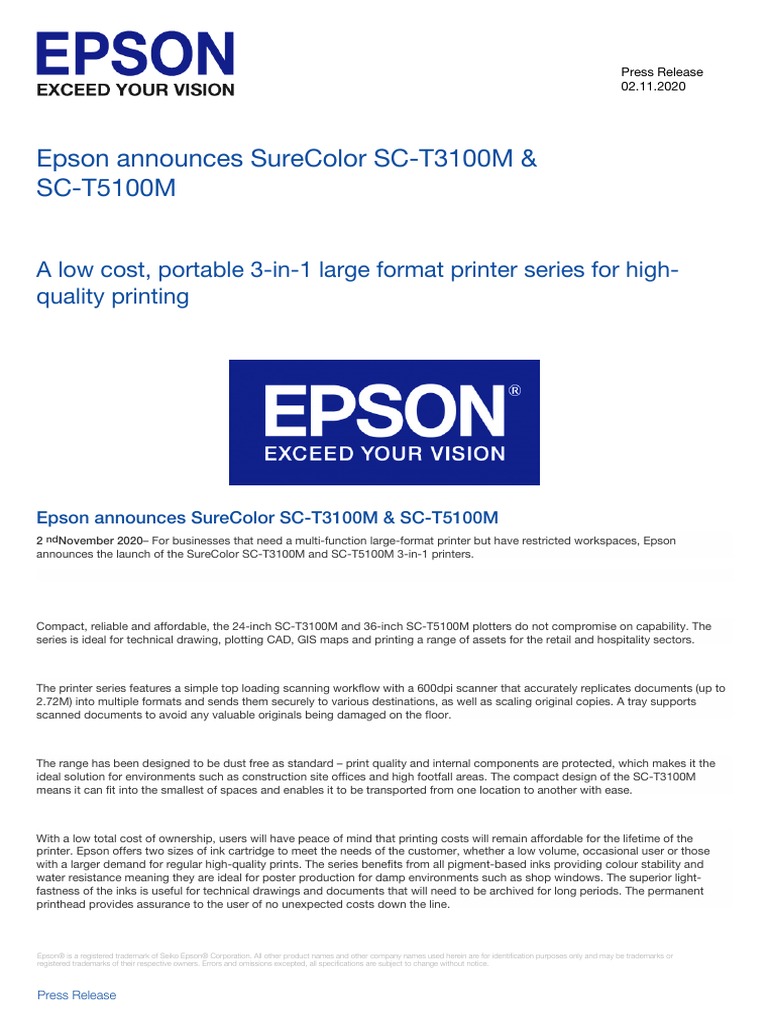 Epson Announces Surecolor Sc-T3100M & Sc-T5100M | PDF | Printer (Computing) | Image Scanner