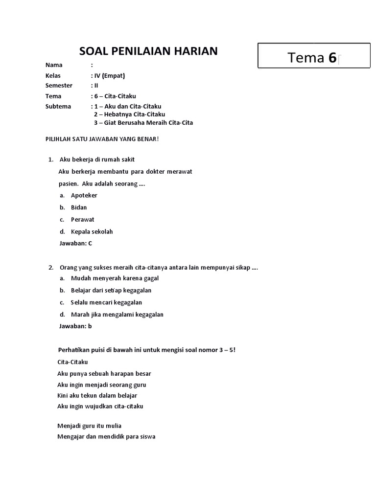 Soal PH Tema 6 Google Form | PDF