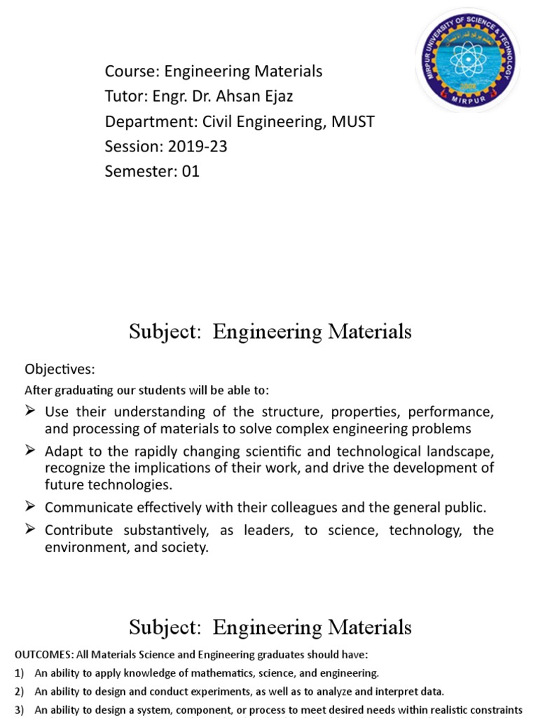 Introduction To Engineering Materials (Lecture-01) | PDF | Metals | Alloy