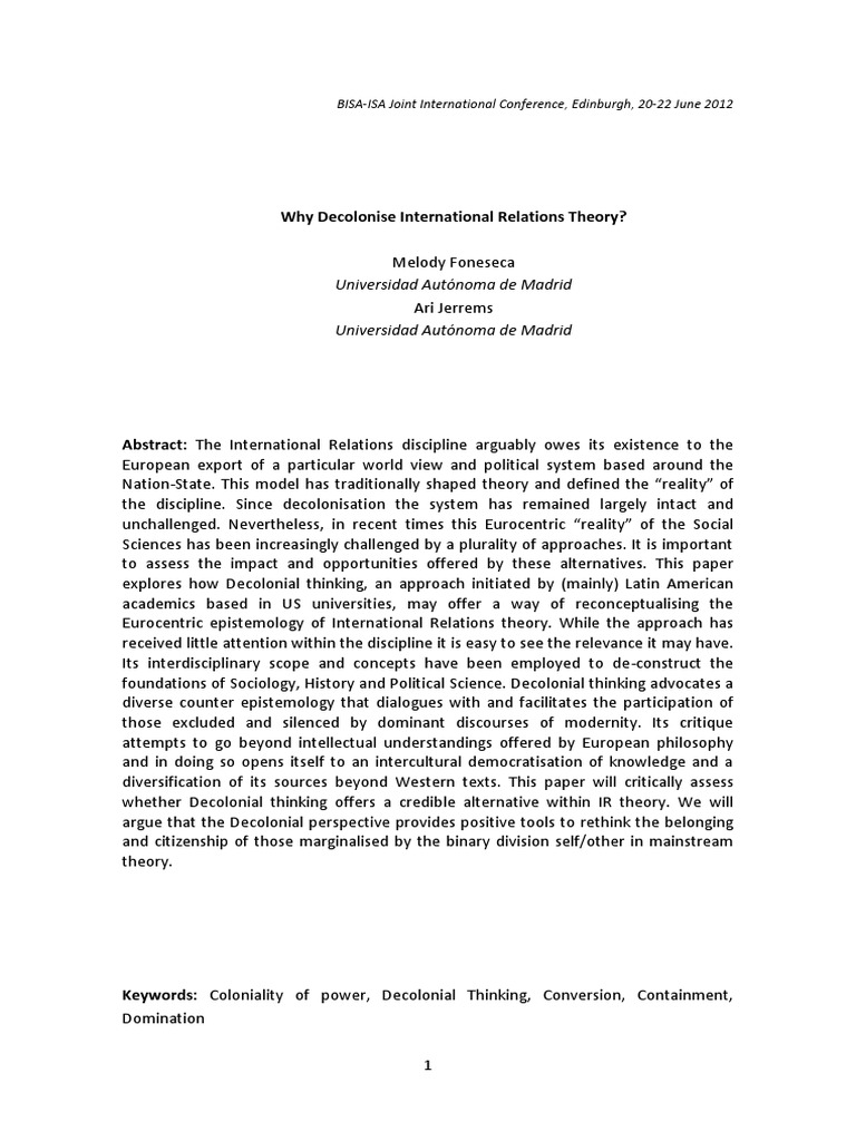 Decolonizing International Relations Theory: Assessing the Relevance ...