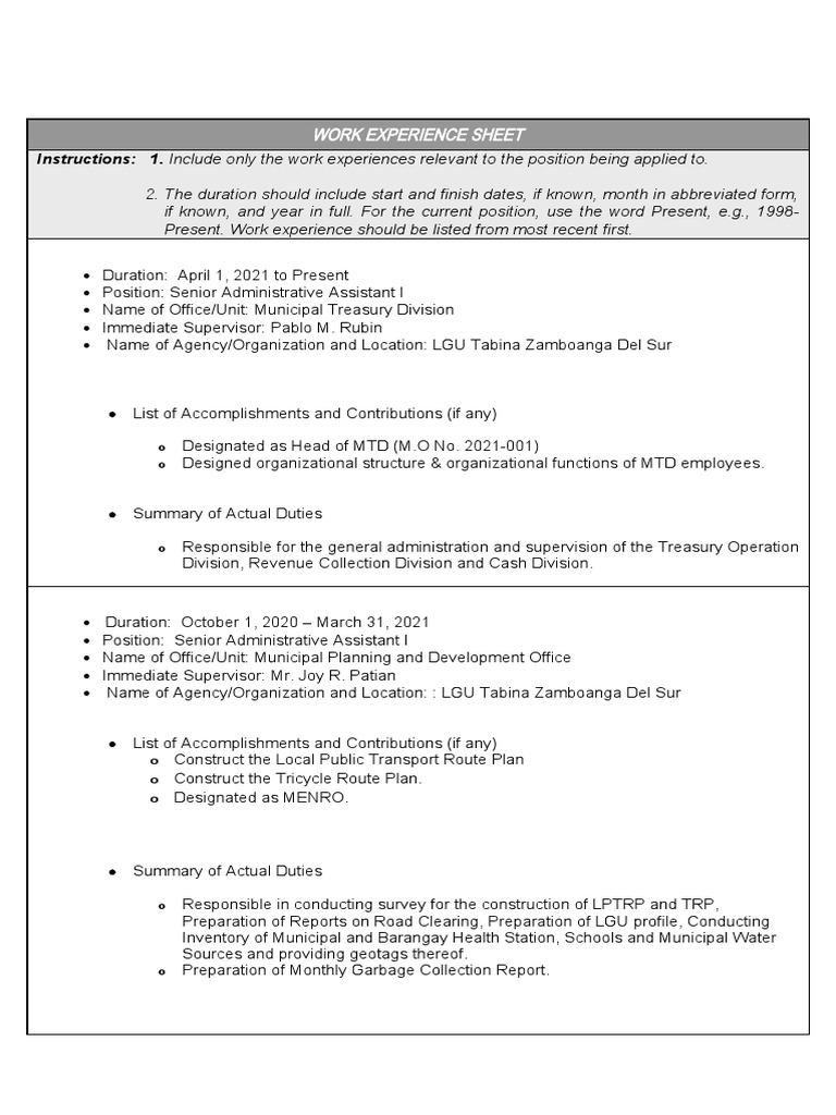 Cs Form No. 212 Attachment - Work Experience Sheet | PDF | Internal ...