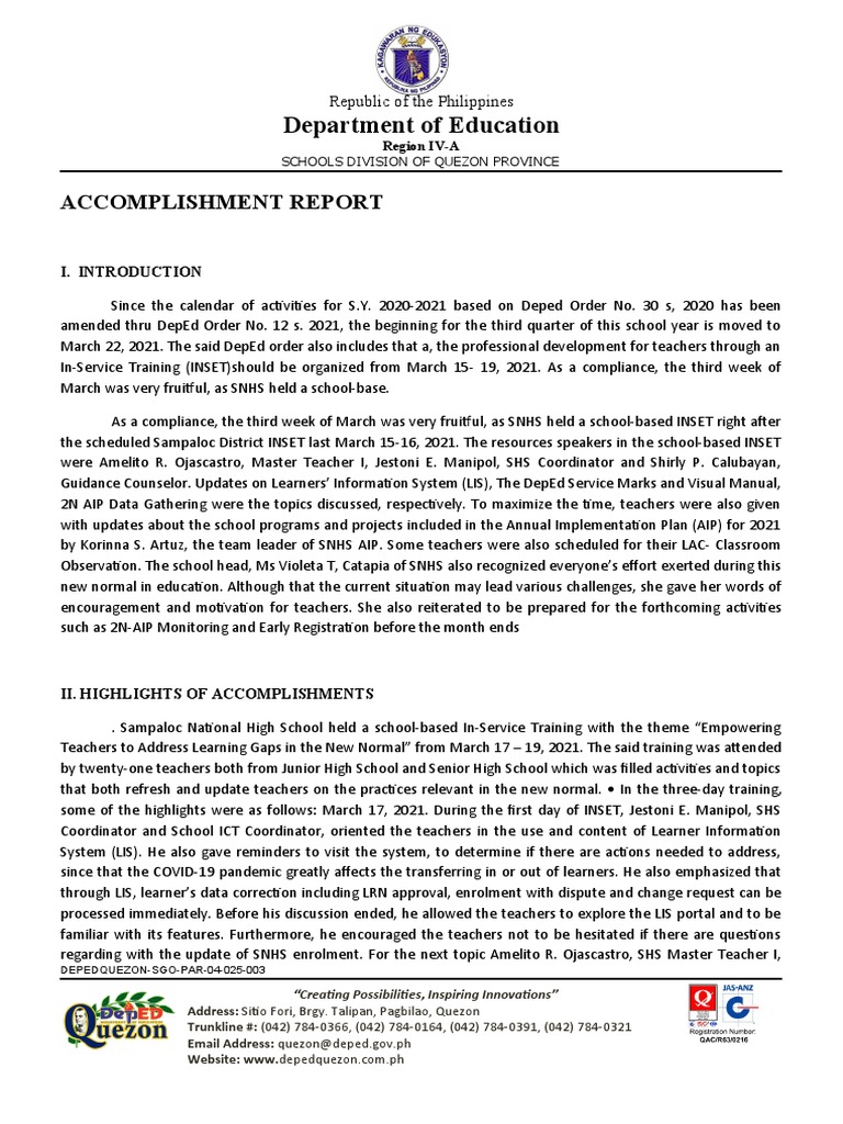 Snhs Inset Accomplishment Report | PDF | Teachers | Human Nature