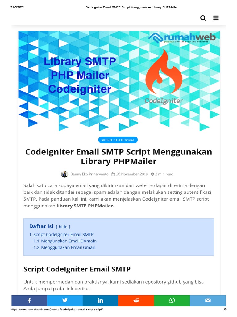 CodeIgniter Email SMTP Script Menggunakan Library PHPMailer | PDF