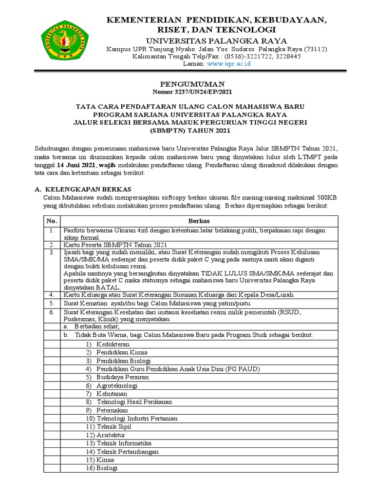 Pengumuman Tata Cara Pendaftaran Ulang CMB SBMPTN Tahun 2021 | PDF