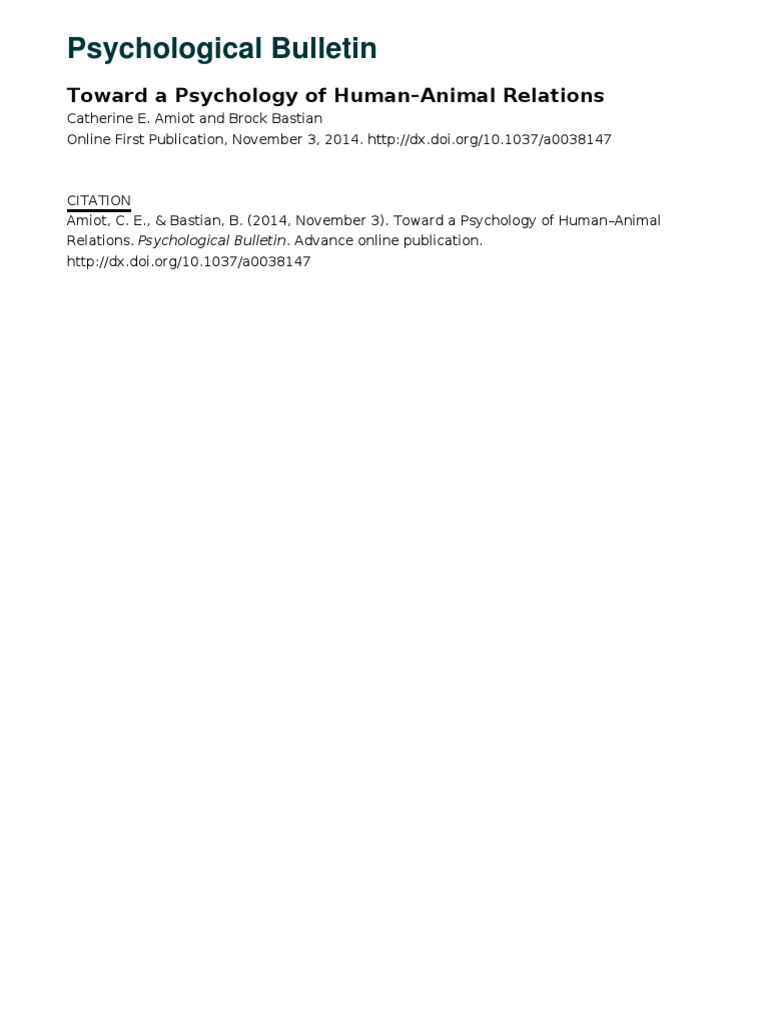 Psychological Bulletin: Toward A Psychology of Human-Animal Relations ...