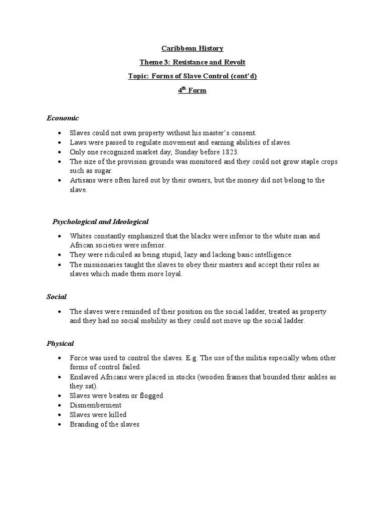 Caribbean History Form 4. Forms of Slave Control Cont'd | PDF