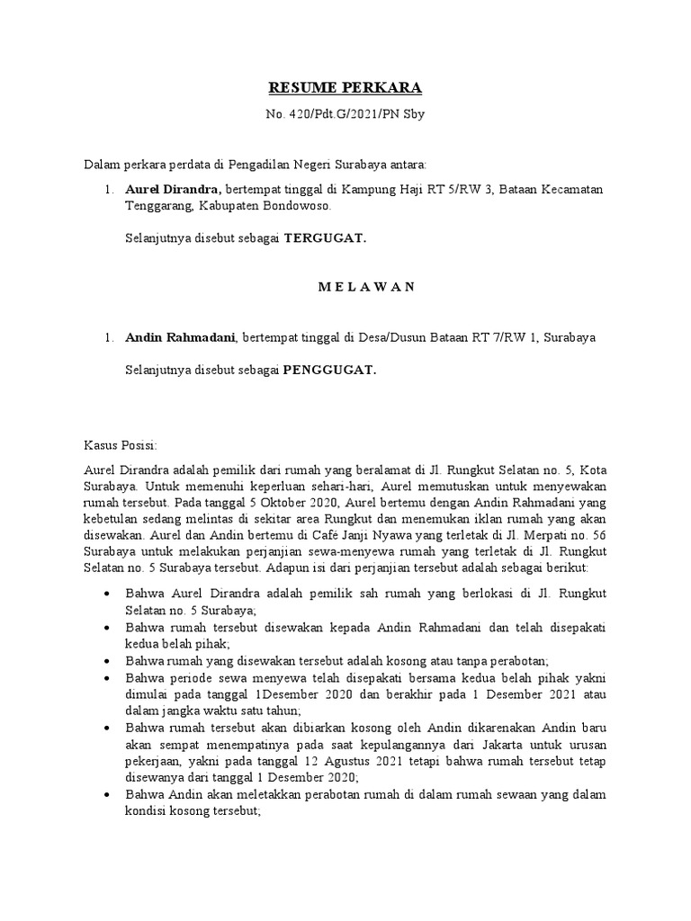 Resume Perkara Sewa Menyewa Rumah | PDF