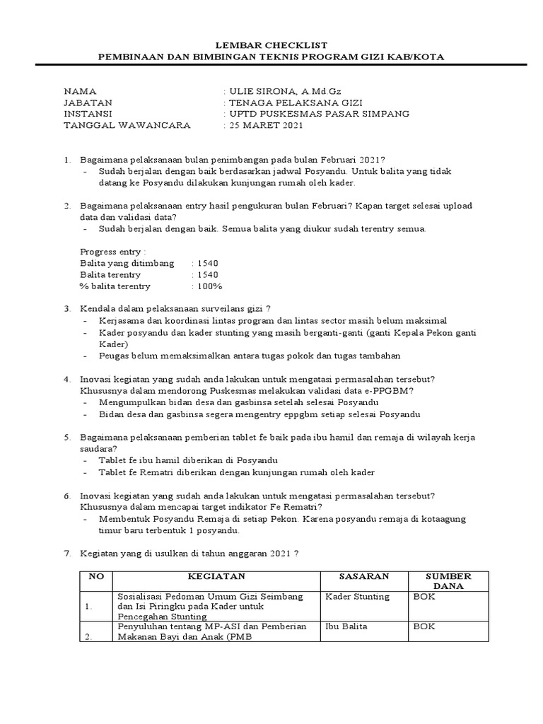 Kuesioner Monev Gizi | PDF