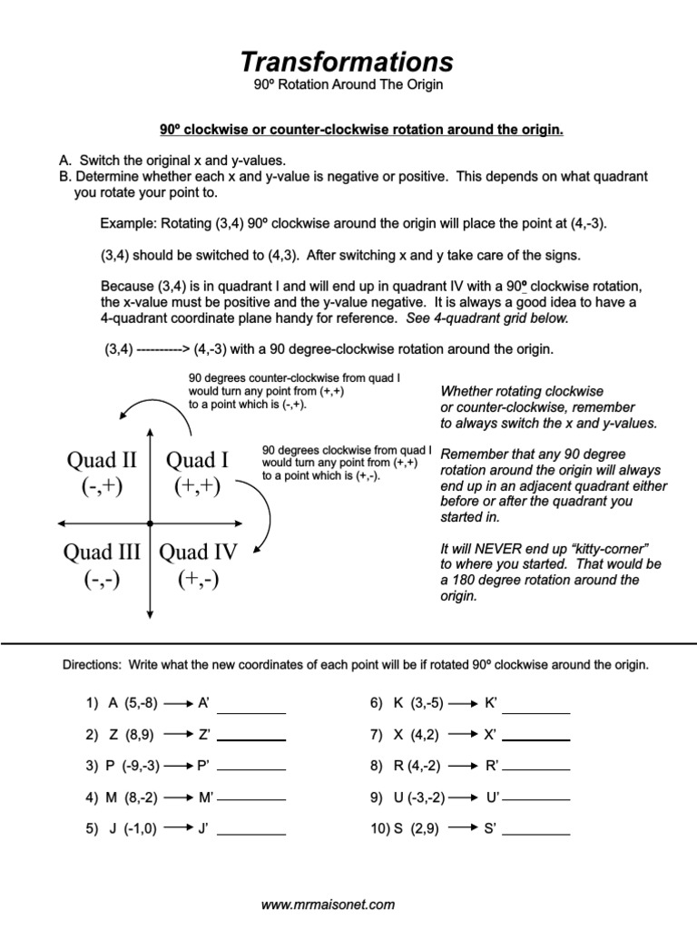 Math 8 Worksheet - Rotate 90 Degrees Around The Origin - With Answers ...