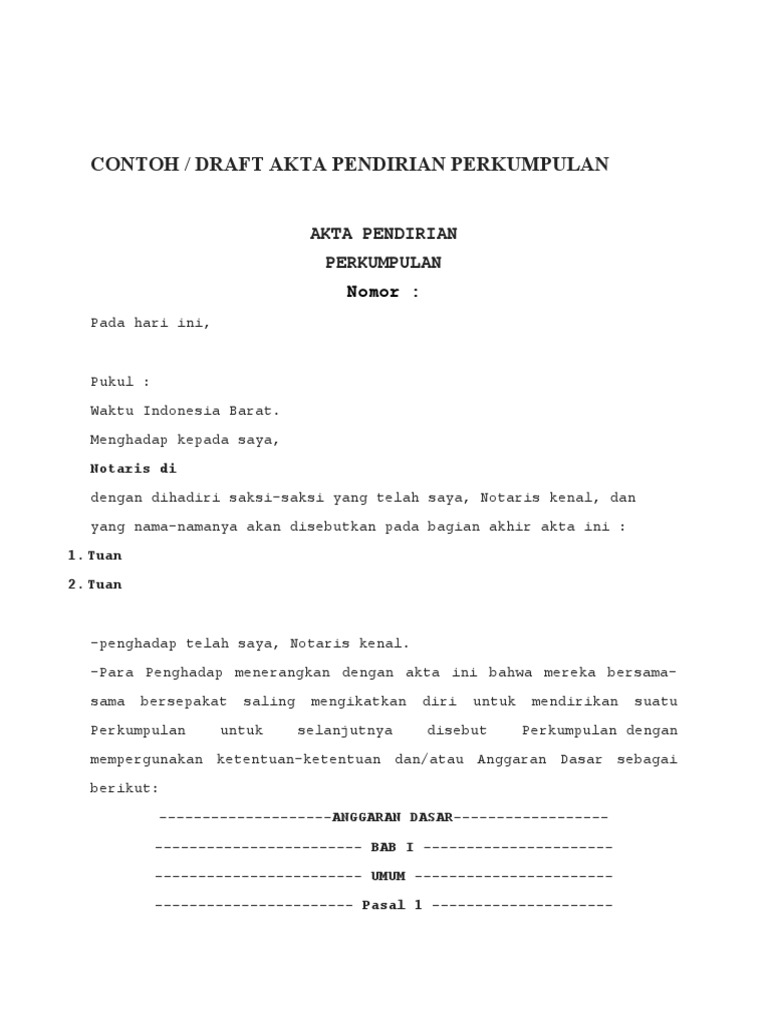 Contoh Draft Akta Pendirian Perkumpulan | PDF