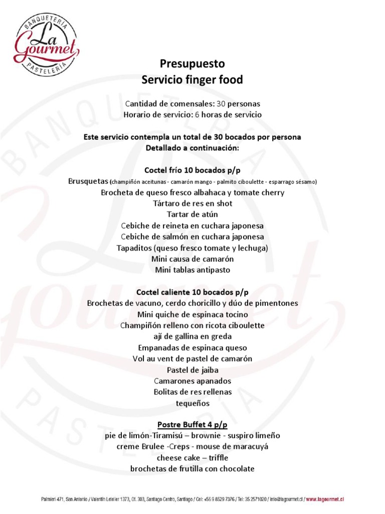 Presupuesto Servicio Finger Food 30 Personas | PDF | Cocina de las ...
