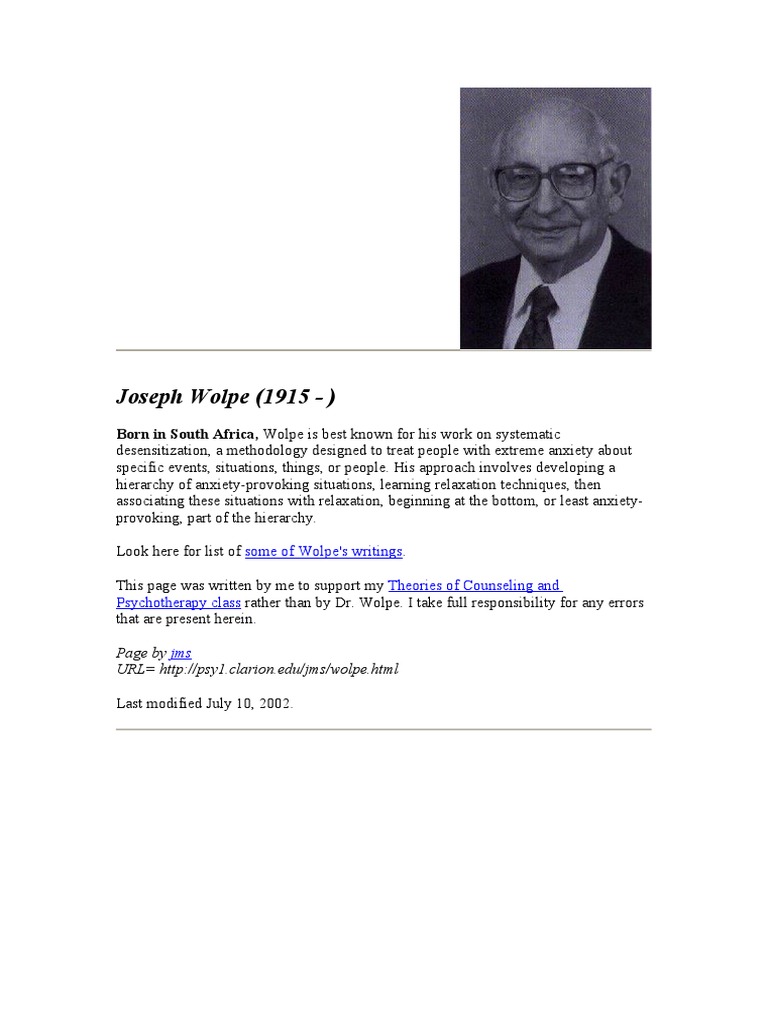 Joseph Wolpe (1915 - ) : Born in South Africa, Wolpe Is Best Known For ...