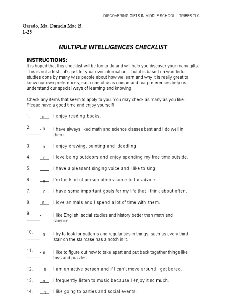 Multiple Intelligences Checklist: Instructions | PDF | Science ...