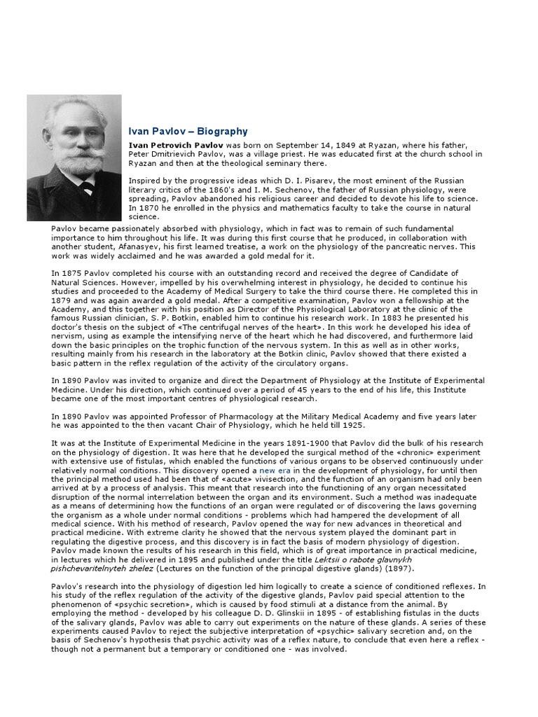 Ivan Pavlov - Biography: Ivan Petrovich Pavlov Was Born On September 14 ...
