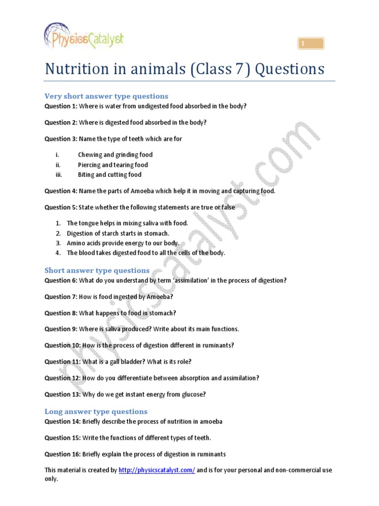 Class 7 Animal Nutrition Questions | PDF | Digestion | Digestive System
