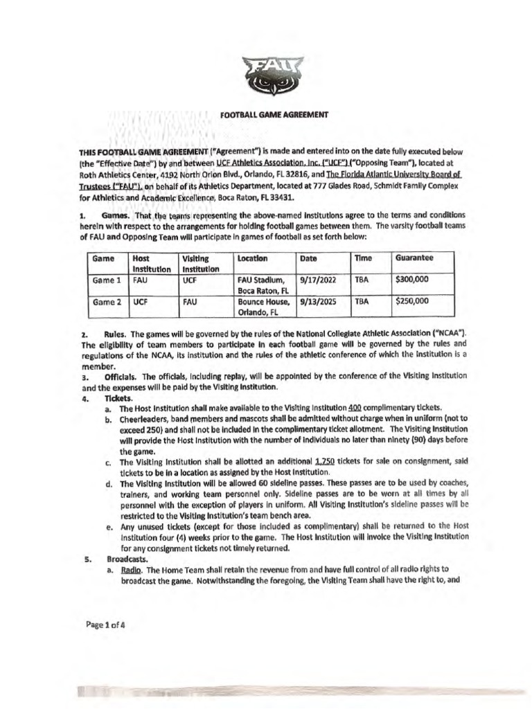 UCF - FAU Football Game Contract 2022 2025 | PDF