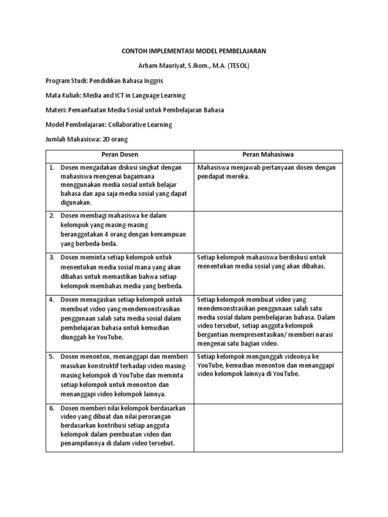 Contoh Implementasi Model Pembelajaran | PDF