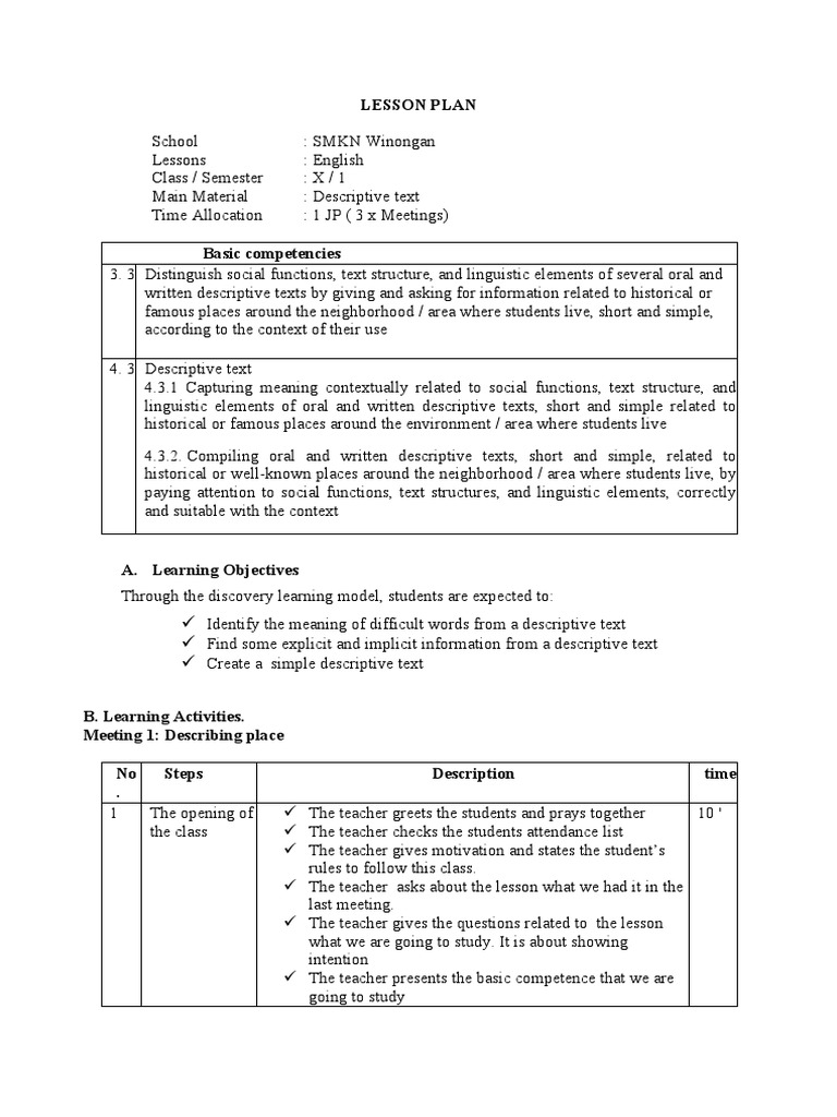 Descriptive Text Lesson Plan | PDF | Lesson Plan | Teachers