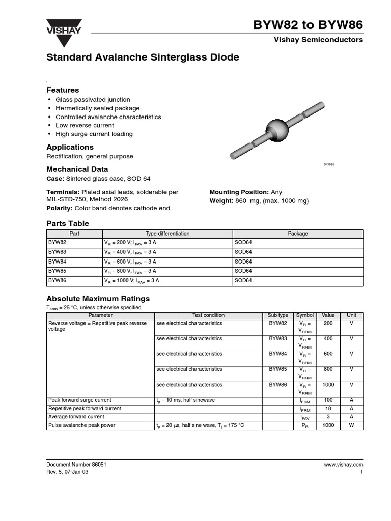 BYW82 To BYW86: Standard Avalanche Sinterglass Diode | PDF