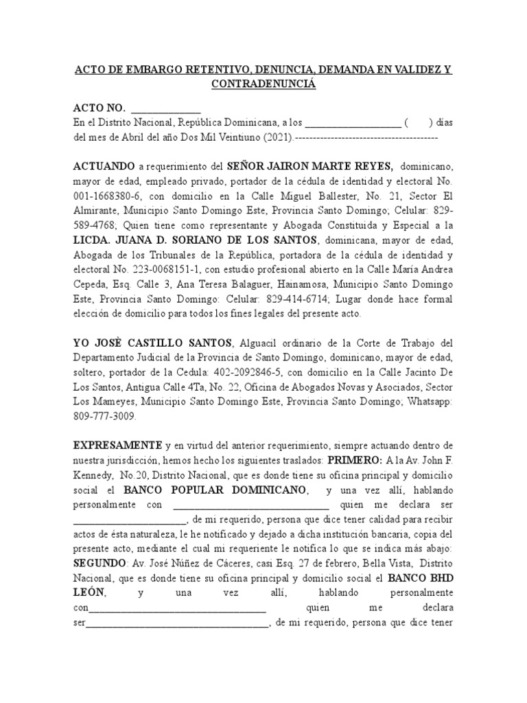 Notificaciòn de Embargo Retentivo, Denuncia, Contradenuncia Y Demanda ...