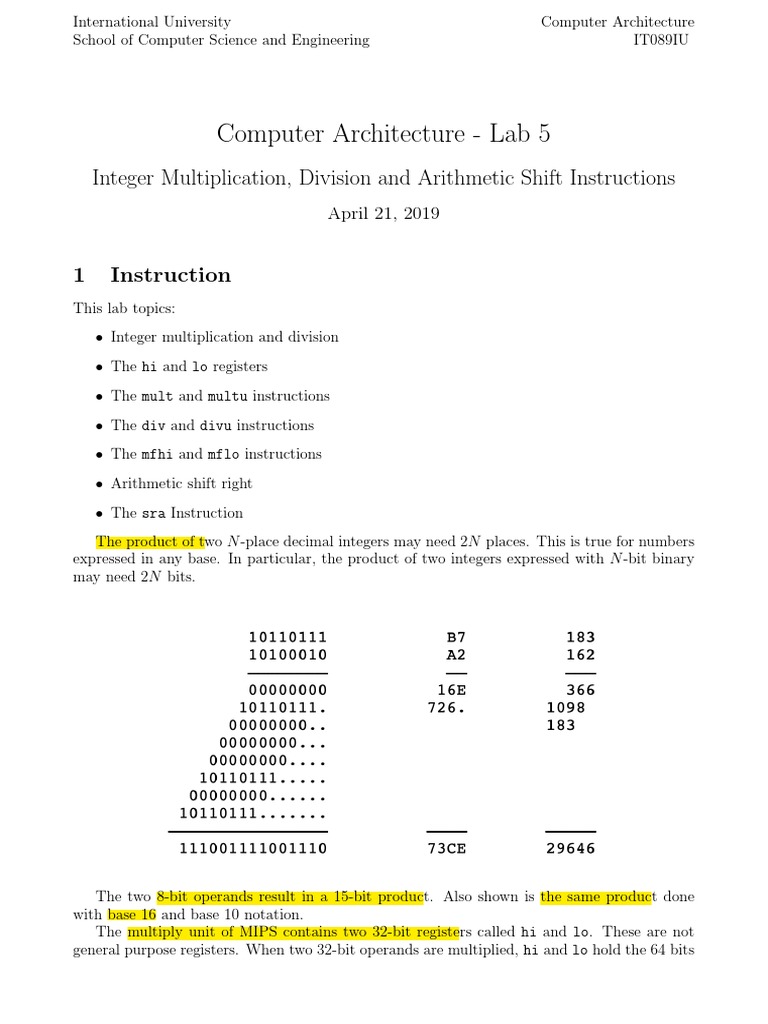 Computer Architecture - Lab 5: Integer Multiplication, Division and ...